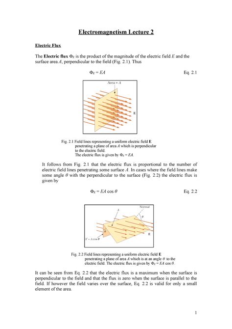 Electromagnetism Lecture Lecture Notes Electromagnetism Lecture Electric Flux The