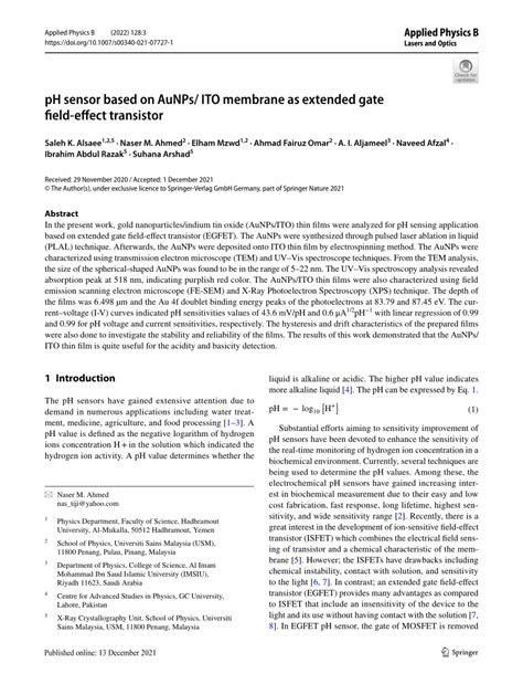Pdf Ph Sensor Based On Aunps Ito Membrane As Extended Gate Field Effect Transistor