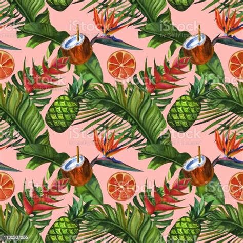 아름 다운 손으로 그린 패턴 열 대 야자수 코코넛 파인애플 수채화 완벽 한 패턴 여름 배경 0명에 대한 스톡 벡터 아트 및 기타