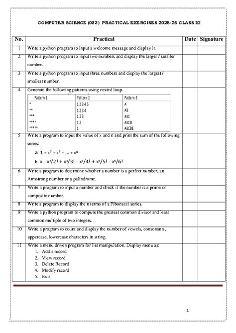 Computer Science 083 Class Xi Practical Exercises Solutions 2025 26