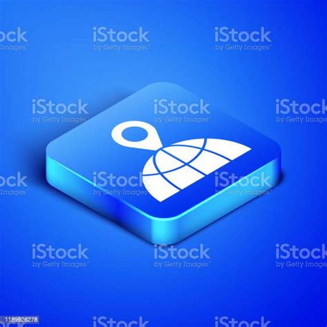 파란색 배경에 격리된 지구상 아이콘의 등각 투영 위치입니다 세계 또는 지구 기호입니다 파란색 사각형 버튼입니다 벡터 일러스트레이션 0명에 대한 스톡 벡터 아트 및 기타