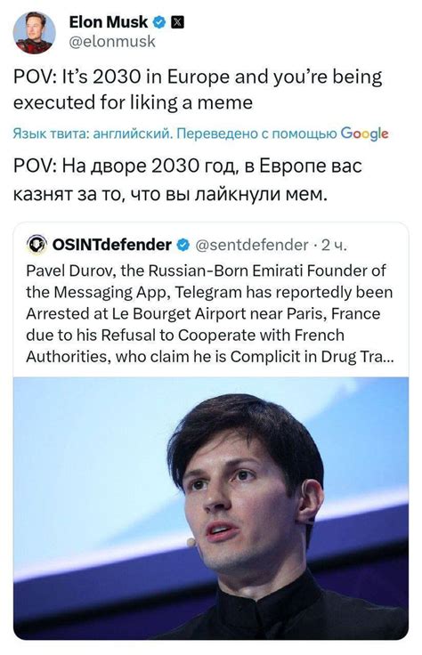 واکنش تند ایلان ماسک به خبر دستگیری پاول دوروف در فرانسه سال ۲۰۳۰ است