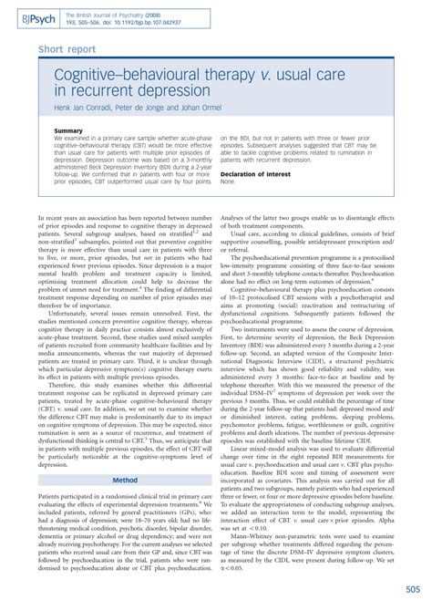 Pdf Cognitive Behavioural Therapy V Usual Care In Recurrent Depression