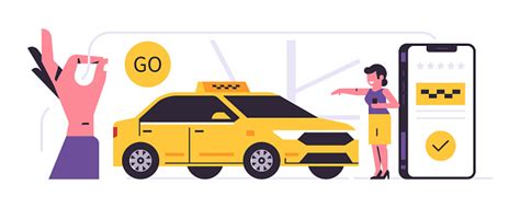 택시 주문 서비스 모바일 응용 프로그램 개념 디스플레이에 택시를 주문하기위한 응용 프로그램과 전화 노란 차로 사람들의 교통 여성