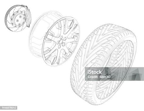 흰색 배경에 격리 된 검은 색 선에서 타이어 디스크 및 브레이크 디스크로 분해 된 자동차 바퀴의 윤곽 아이소메트릭 뷰 3d 벡터 그림입니다 강철에 대한 스톡 벡터 아트 및