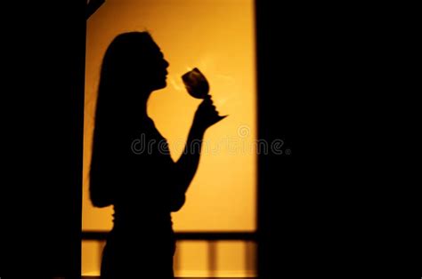 Shadow On The Wall Of A Romantic Woman Holding Glass Of Wine Stock