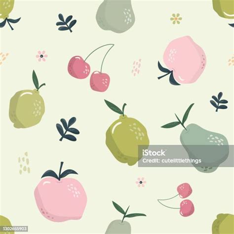 파스텔 그린에 과일이 있는 귀여운 매끄러운 패턴 여름 손 그린 배경 벡터 건강한 식생활에 대한 스톡 벡터 아트 및 기타 이미지 건강한 식생활 과일 귀여운 Istock