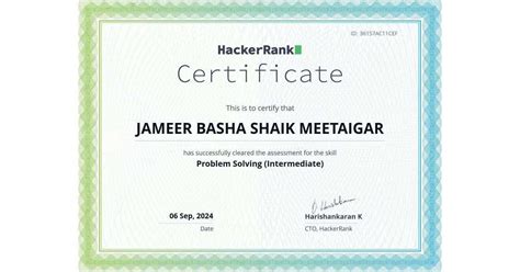 Jameer Basha S M On Linkedin Hackerrank Skill Certificate