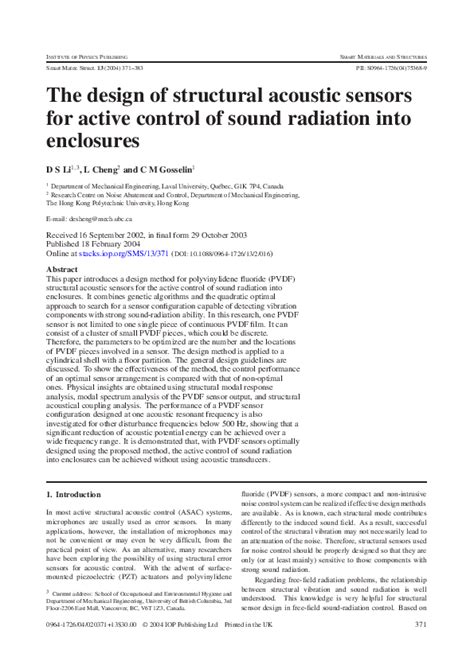 Pdf The Design Of Structural Acoustic Sensors For Active Control Of Sound Radiation Into
