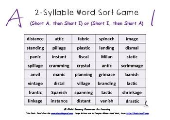 2 Syllable Word Sort Game Short A And Short I TpT