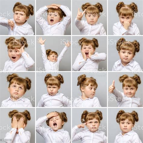 다른 감정과 몸짓 회색 배경에 작은 귀여운 여자의 콜라주 아이에 대한 스톡 사진 및 기타 이미지 아이 얼굴 표현 다양 Istock