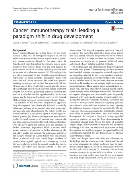 Cancer Immunotherapy Trials Leading A Paradigm Shift In Drug Development Pdf Phases Of