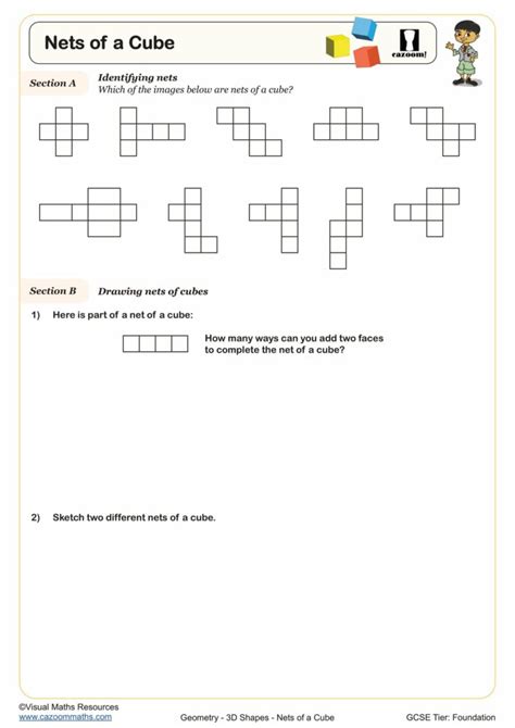 Nets Of A Cube Worksheet Printable Pdf Year 7 And Year 8 Geometry Worksheet