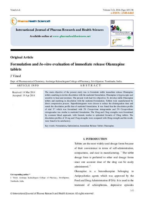 Pdf Formulation And In Vitro Evaluation Of Immediate Release Olanzapine Tablets