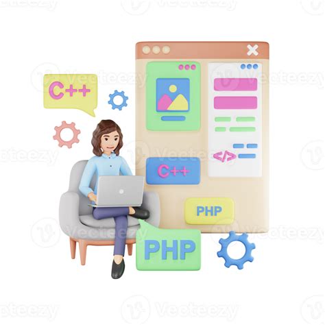Female Programmer Developing Website 3d Character Illustration Coding And Web Development