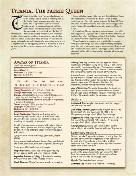 Faery Queen Dnd Monsters Dragons Stats