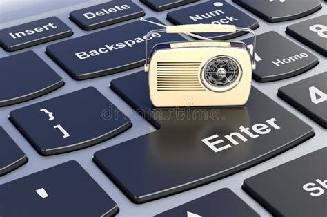 Retro Receiver Radio On Laptop Keyboard 3d Rendering Stock