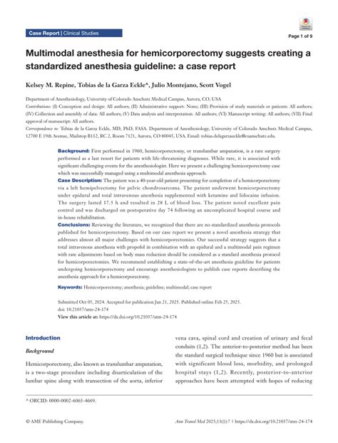 Pdf Multimodal Anesthesia For Hemicorporectomy Suggests Creating A