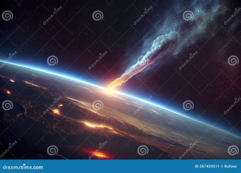 Comet Asteroid Meteorite Flying To Planet Earth On Starry Night Sky Stock Illustration