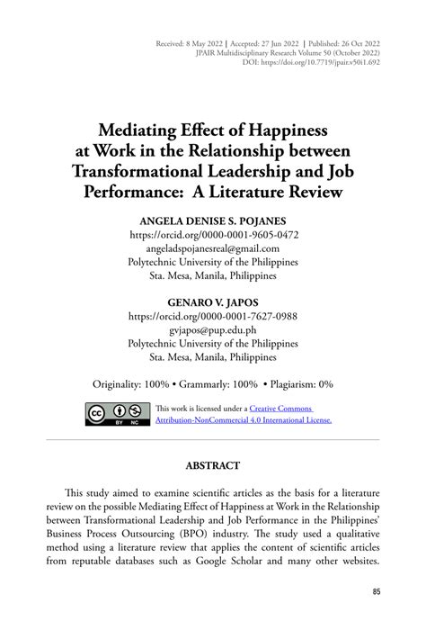 Pdf Mediating Effect Of Happiness At Work In The Relationship Between Transformational
