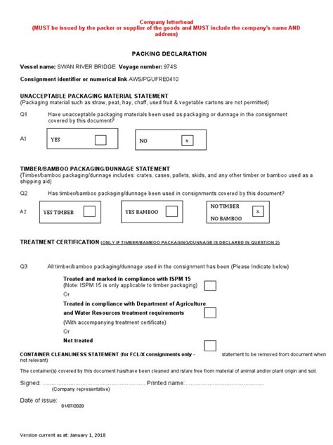 Packing Declaration Fcl Lcl Download Free Pdf Packaging And Labeling Freight Transport