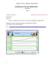 Lab 1 Kinematics Babe Worksheet 1301 Docx Physics Lab 1 Online Simulation KINEMATICS IN ONE