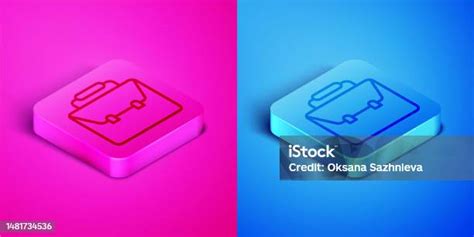 아이소메트릭 라인 분홍색과 파란색 배경에 격리된 서류 가방 아이콘 비즈니스 사례 기호입니다 사업 포트폴리오 사각형 버튼 벡터 3차원 형태에 대한 스톡 벡터 아트 및 기타