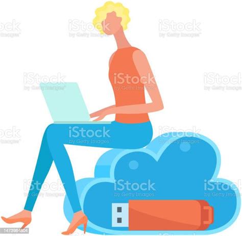 데이터 저장 분야의 직장에서 노트북으로 일하는 여성 원격 작업 프로그래밍 Usb 메모리에 대한 스톡 벡터 아트 및 기타 이미지 Usb 메모리 Usb 케이블 개념