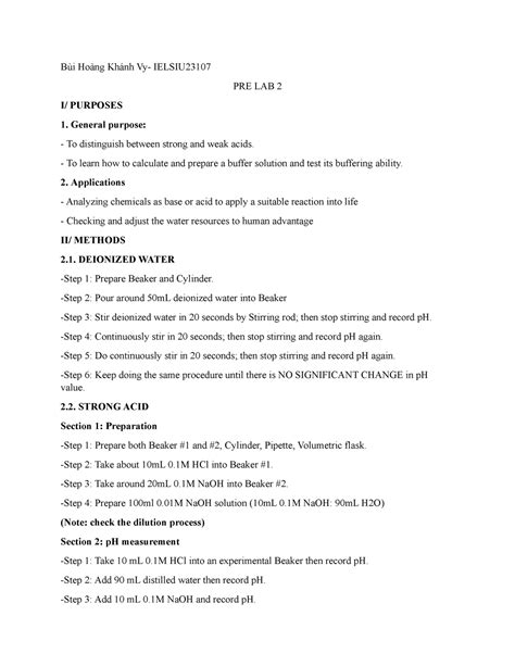 Prelab chem lab courses Bùi Hoàng Khánh Vy IELSIU PRE LAB I PURPOSES General purpose
