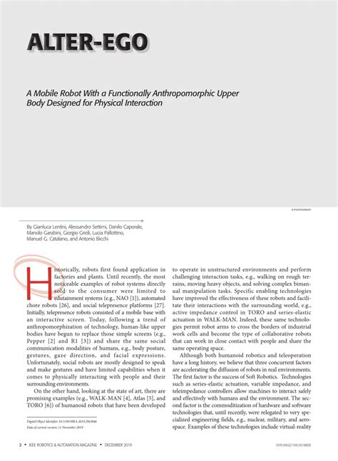 Pdf Alter Ego A Mobile Robot With A Functionally Anthropomorphic Upper Body Designed For