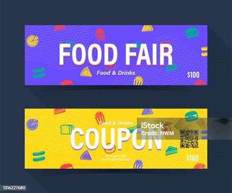 푸드 페어 쿠폰 티켓 카드 그래픽 디자인을 위한 식품 요소 템플릿입니다 벡터 일러스트레이션 Qr코드에 대한 스톡 벡터 아트 및 기타 이미지 Istock