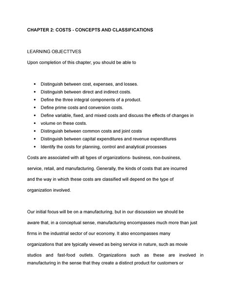 CH2 COST Concepts Classifications PART 1 CHAPTER 2 COSTS CONCEPTS AND CLASSIFICATIONS