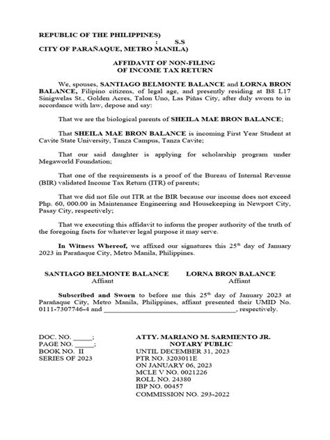 Affidavit Of Non Filing Itr Pdf