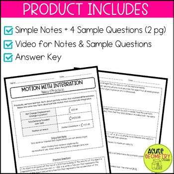 Particle Motion With Integration Calculus Guided Notes Practice