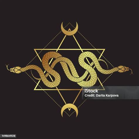 여섯 개의 뾰족한 스타 라인 아트 보헤미안 시크 문신 포스터 태피스트리 또는 제단 베일 프린트 디자인 벡터 일러스트레이션 위에 두 개의 금뱀 뱀에 대한 스톡 벡터 아트 및