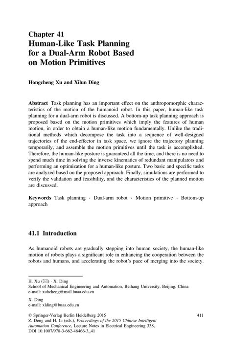Pdf Human Like Task Planning For A Dual Arm Robot Based On Motion Primitives