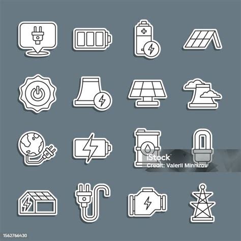 세트 라인 전기 타워 Led 전구 원자력 발전소 배터리 전원 버튼 플러그 및 태양 에너지 패널 아이콘 벡터 계기판 측정기에 대한