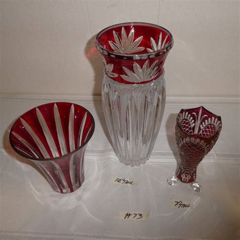 Lot 73 Vintage Mikasa Ruby Red Corinth Flower Vase And Pair Of Mcm