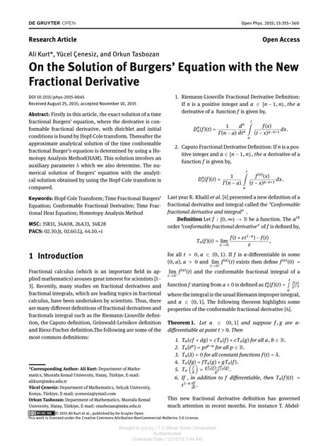 Pdf On The Solution Of Burgers Equation With The New Fractional Derivative