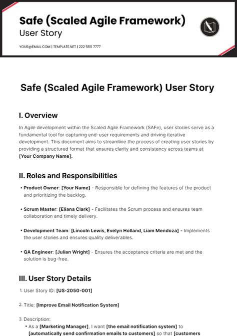 Free Safe Scaled Agile Framework User Story Template To Edit Online