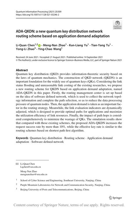 Ada Qkdn A New Quantum Key Distribution Network Routing Scheme Based