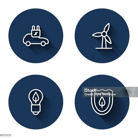 세트 라인 전기 자동차 풍력 터빈 잎이 있는 전구 및 긴 그림자가 있는 방패 파란색 원 버튼 벡터 개념에 대한 스톡 벡터 아트 및 기타 이미지 Istock