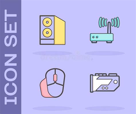 Set Video Graphic Card Case Of Computer Computer Mouse And Router And Wi Fi Signal Icon