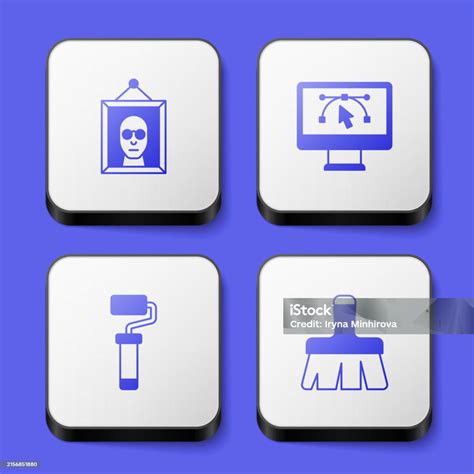 그림 디자인 프로그램이 있는 컴퓨터 페인트 롤러 브러시 및 아이콘을 설정합니다 흰색 사각형 버튼입니다 벡터 개념에 대한 스톡 벡터 아트 및 기타 이미지 Istock