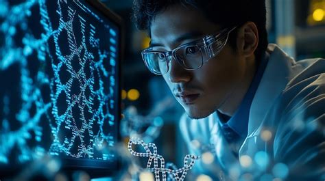 Researcher Analyzing Genetic Data On A Computer Screen Surrounded By