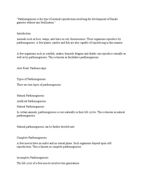 Parthenogenesis Is The Type Of Asexual Reproduction Involving The Development Of Female Gametes