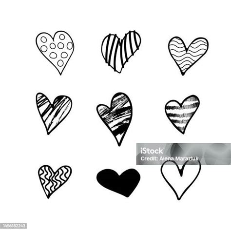 흑백 하트 낙서 세트 흰색 배경에 격리된 하트의 다양한 모양과 패턴 발렌타인 데이 클립 아트 벡터 그림 개념에 대한 스톡 벡터 아트 및 기타 이미지 Istock