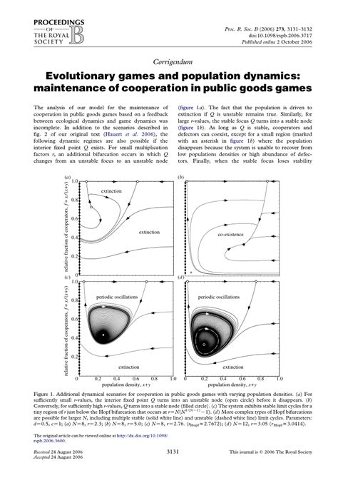 Pdf Evolutionary Games And Population Dynamics Maintenance Of Cooperation In Public Goods Games