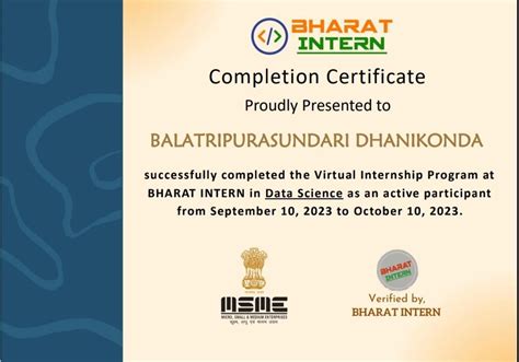 balatripurasundari dhanikonda on linkedin internshipcertificate milestone bharatintern
