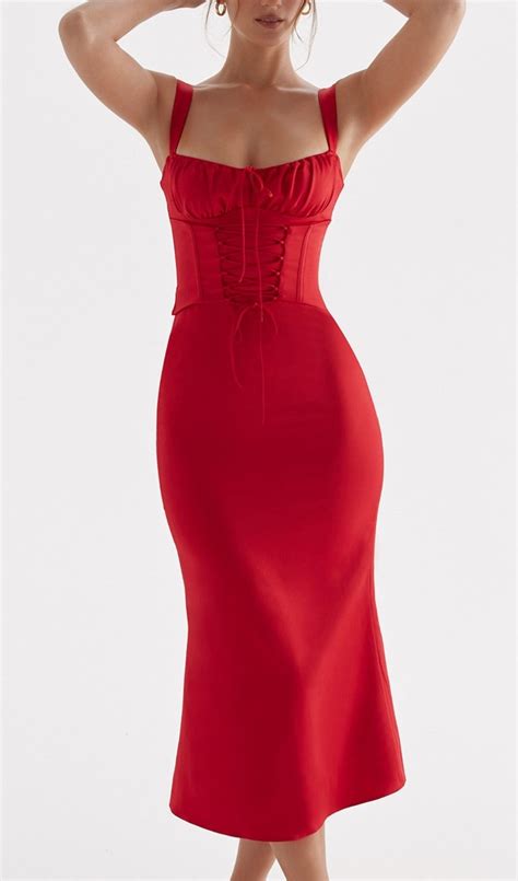 Red Lace Up Corset Midi Dress Long Red Dress Corset Dress Red